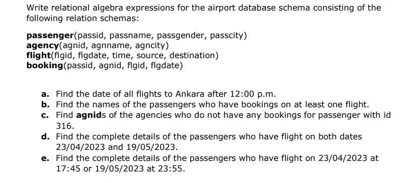 Write relational algebra expressions for the airport | Chegg.com