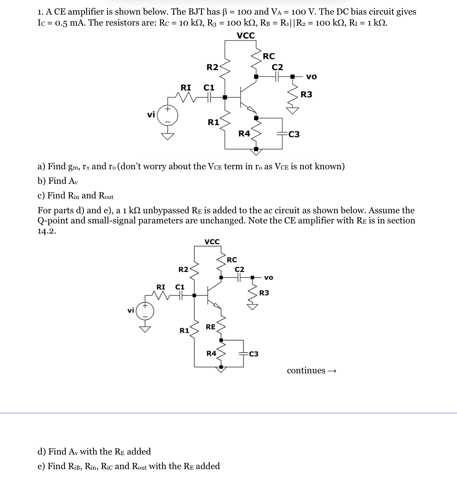 Solved A CE amplifier is shown below. The BJT has β=100 ﻿and | Chegg.com