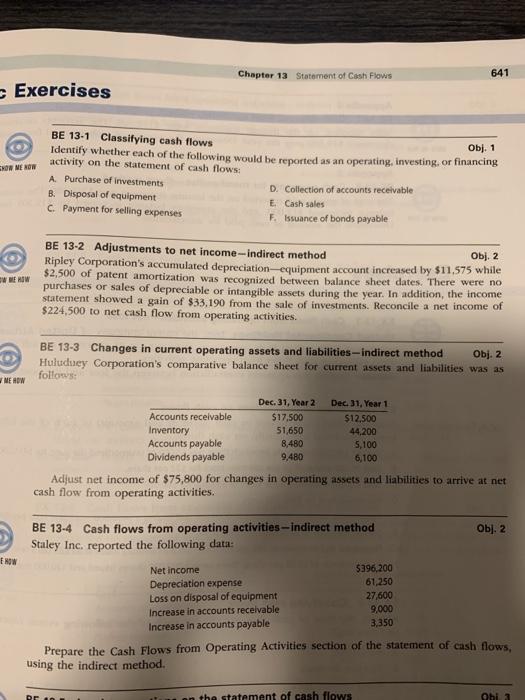 Solved Chapter 13 Statement Of Cash Flows 641 Exercises Obj Chegg