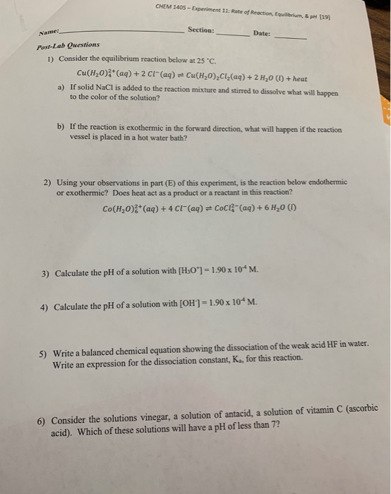 Solved Experiment 11: Rate of Reaction, Equilibrium, & | Chegg.com