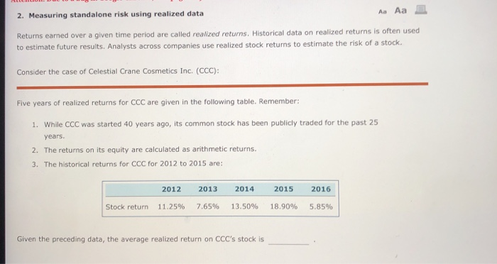 Solved 2. Measuring standalone risk using realized data A Aa | Chegg.com