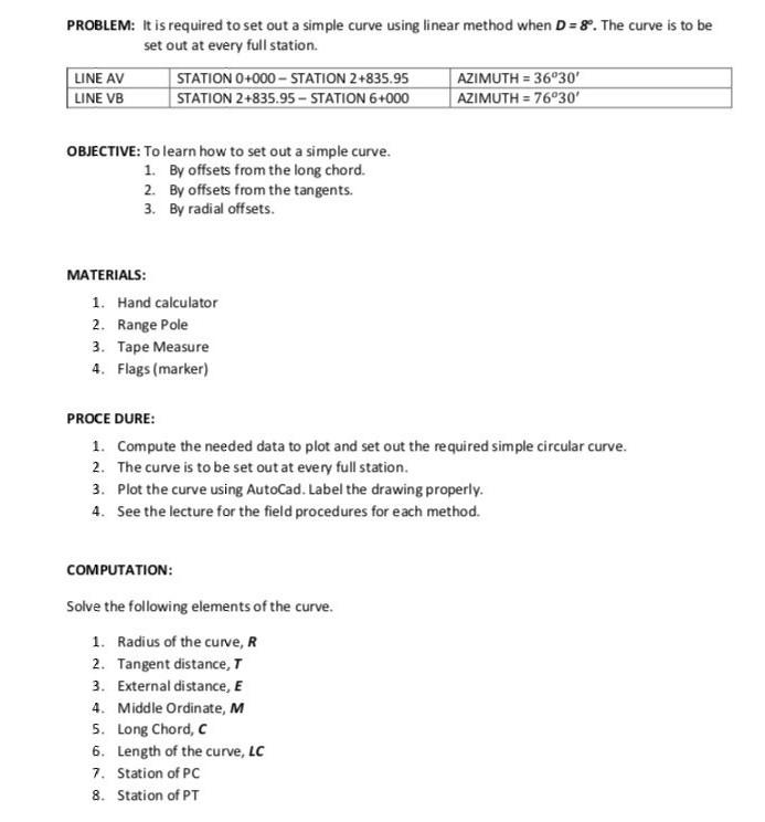 Solved PROBLEM: It is required to set out a simple curve | Chegg.com