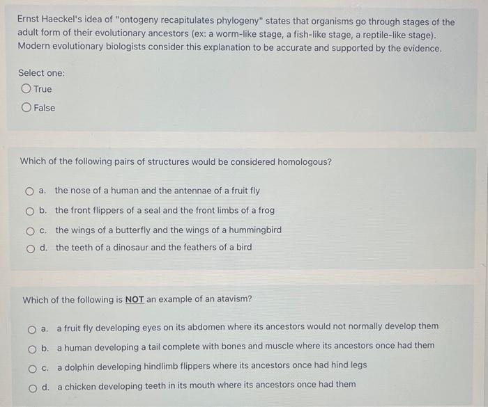 Solved Ernst Haeckel's idea of "ontogeny recapitulates | Chegg.com