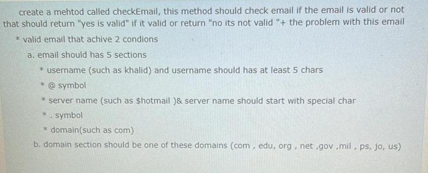 Solved create a mehtod called checkEmail, this method should | Chegg.com