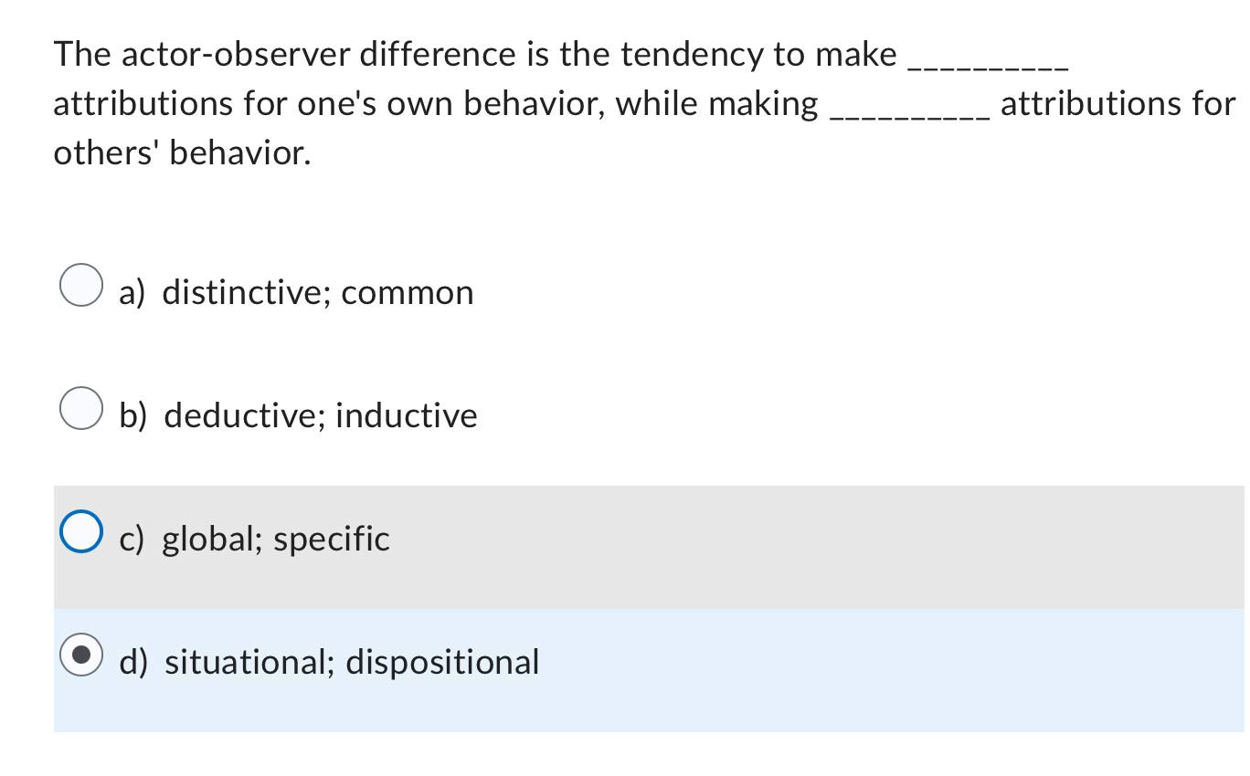 Solved The actor-observer difference is the tendency to make | Chegg.com