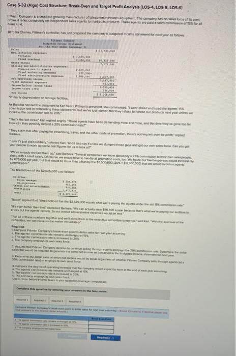 Case 5-32 (Algo) Cost Structure; Break-Even and | Chegg.com