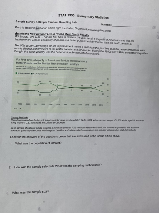 STAT 1350: Elementary Statistics Sample Survey & | Chegg.com