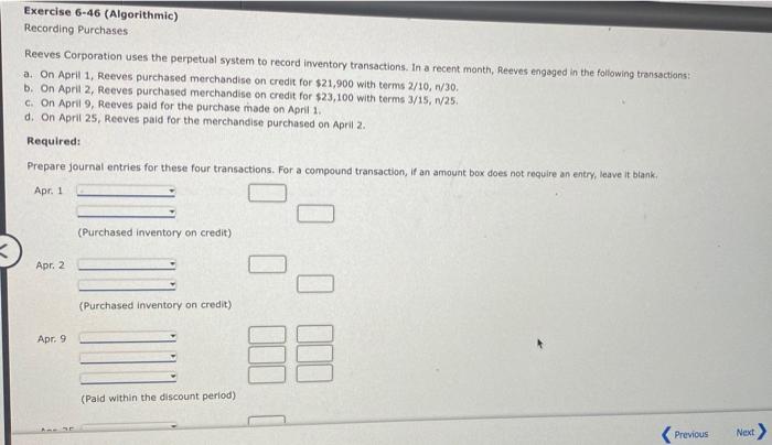 Solved Exercise 6-46 (Algorithmic) Recording Purchases | Chegg.com