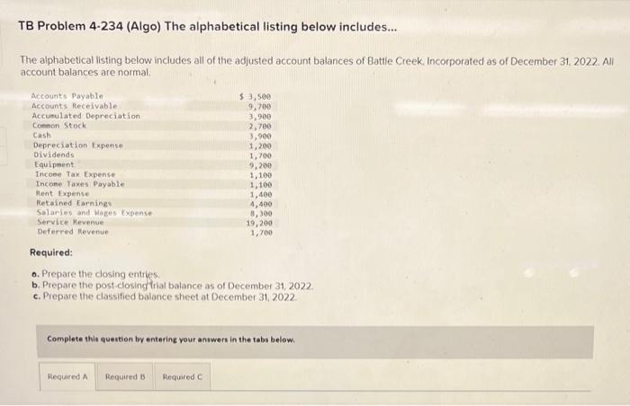 Solved TB Problem 4-234 (Algo) The alphabetical listing | Chegg.com