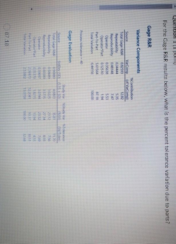 Question 11 For the Gage R&R results below, what is | Chegg.com