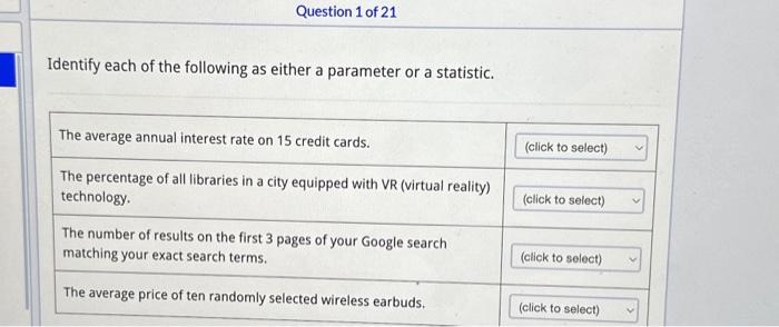 Solved Identify each of the following as either a parameter | Chegg.com