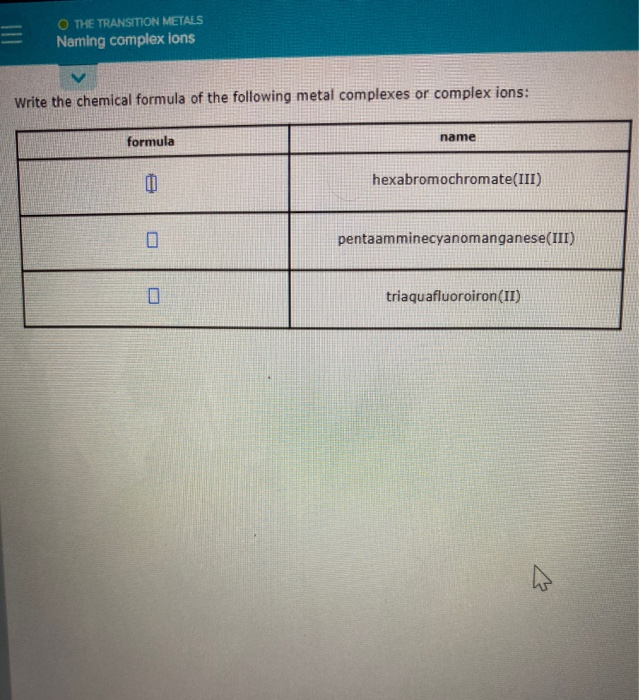 Solved O THE TRANSITION METALS Naming complex ions Write the | Chegg.com
