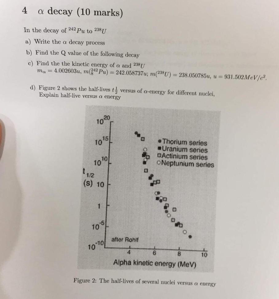 Solved 4α decay (10 marks) In the decay of 242Pu to 238U a) | Chegg.com