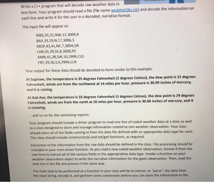 Solved Write a C++ program that will decode raw weather data | Chegg.com