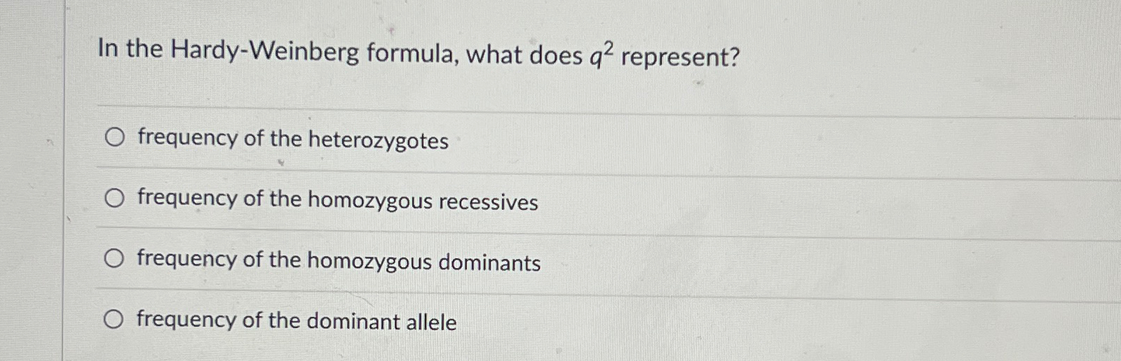 Solved In the Hardy-Weinberg formula, what does q2 | Chegg.com