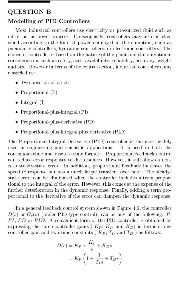 QUESTION B Modelling of PID Controllers Most | Chegg.com
