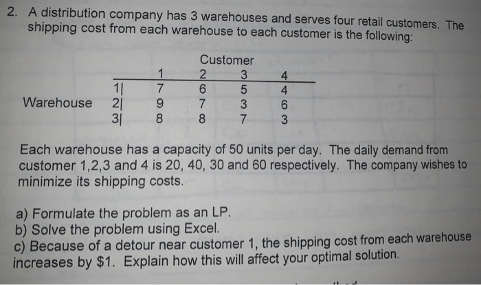 Solved 2. A distribution company has 3 warehouses and serves | Chegg.com