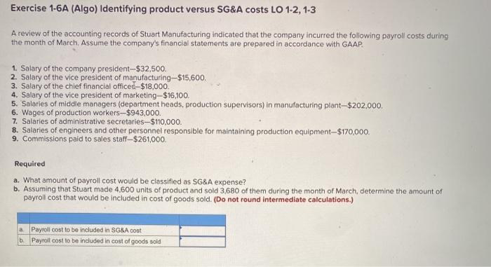 Solved Exercise 1-6A (Algo) Identifying product versus SG&A | Chegg.com