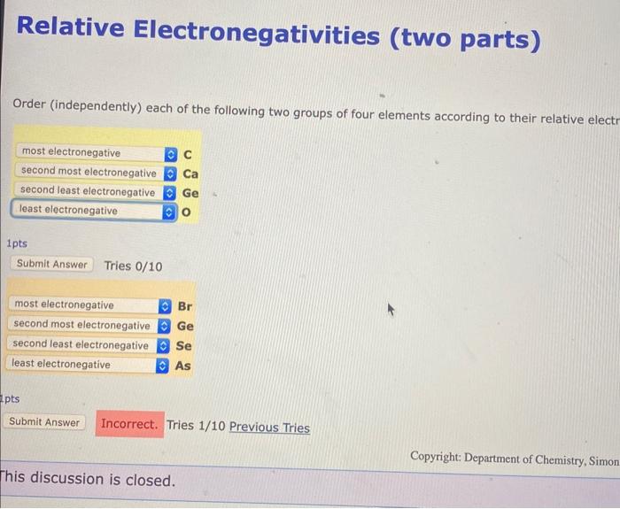 Solved Relative Electronegativities (two parts) Order | Chegg.com