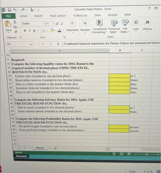 Solved Calculating Select Ratios using Excel's ROUND and | Chegg.com