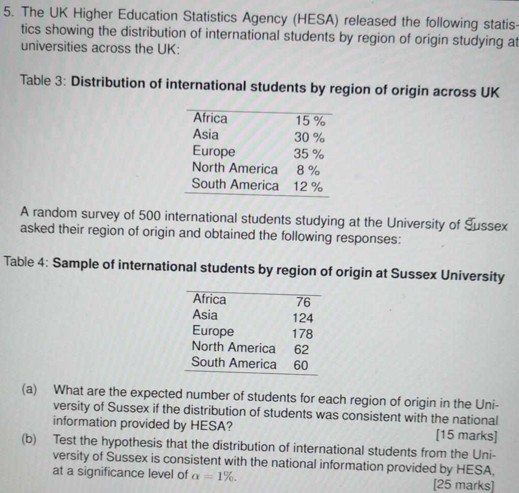 Solved 5. The UK Higher Education Statistics Agency (HESA) | Chegg.com