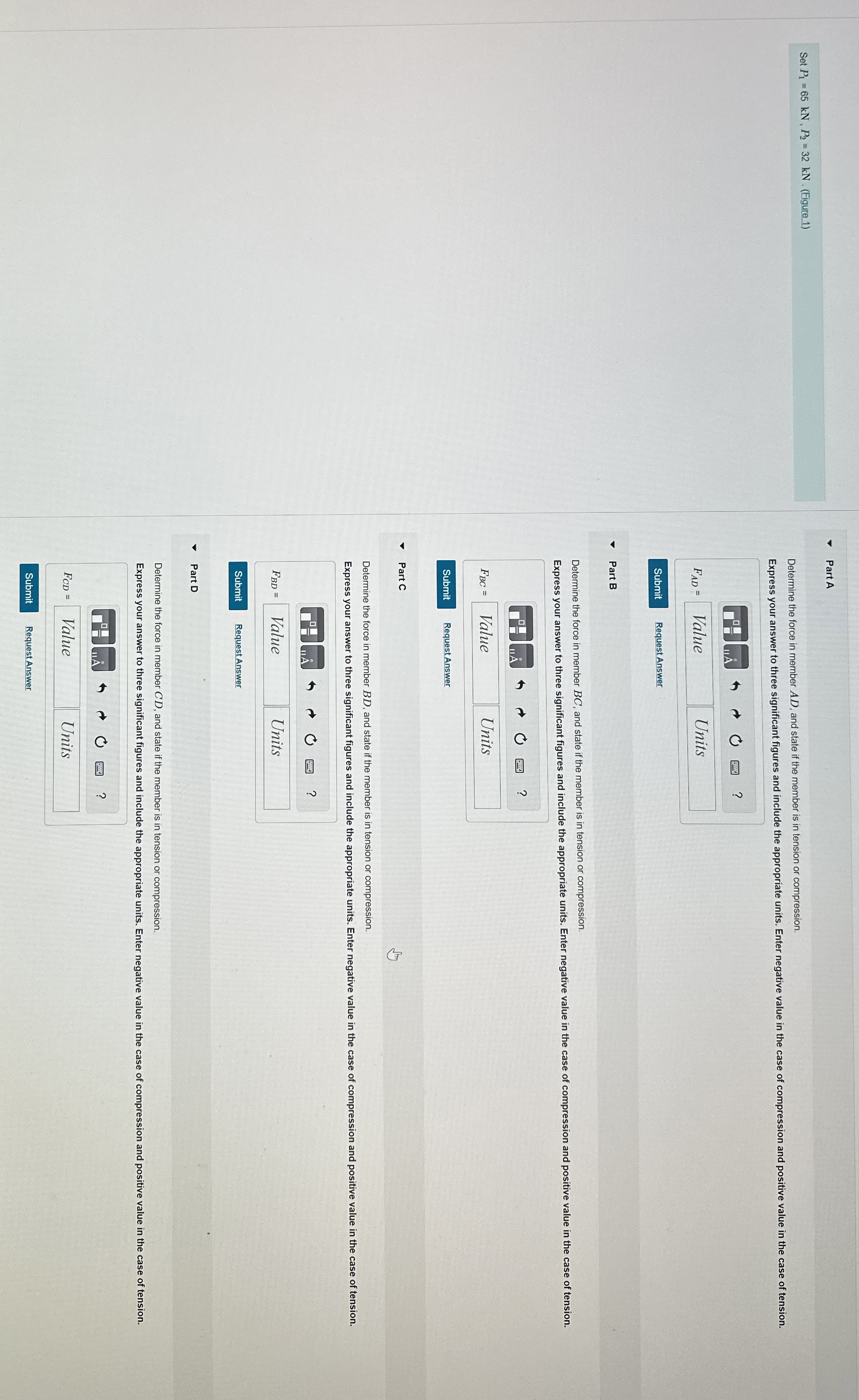 Part ASet P1=65kN,P2=32kN. (Figure 1)Determine the | Chegg.com