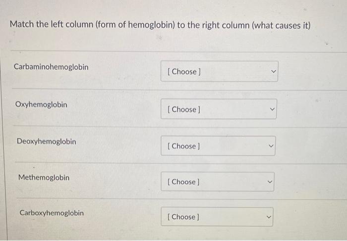 Solved Match the left column (form of hemoglobin) to the | Chegg.com
