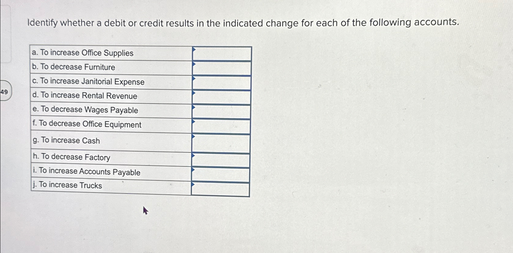 Solved Identify whether a debit or credit results in the | Chegg.com