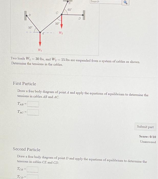 Solved Two loads W1=30lbs, and W2=15lbs are suspended from a | Chegg.com