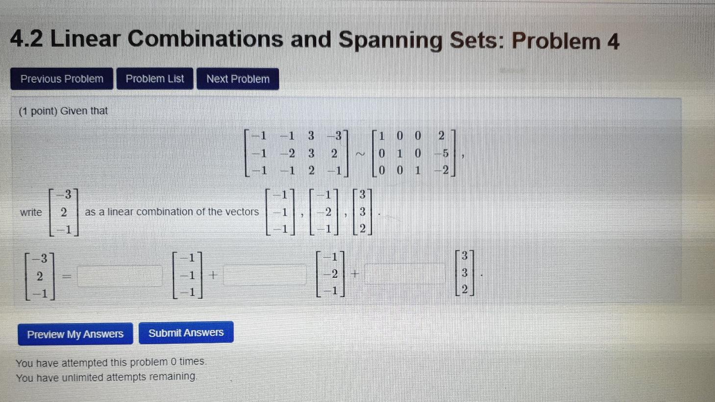 Solved 4.2 Linear Combinations and Spanning Sets: Problem 1 | Chegg.com