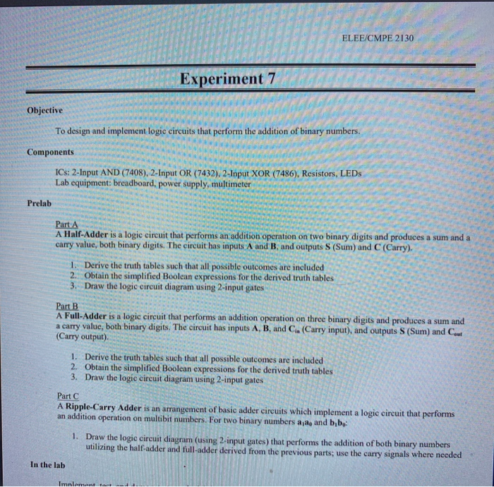 Solved ELEE/CMPE 2130 Experiment 7 Objective To design and | Chegg.com