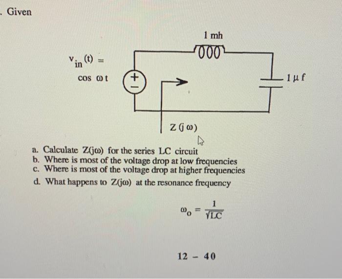 Solved Given a. Calculate Z(jω) for the series LC circuit b. | Chegg.com