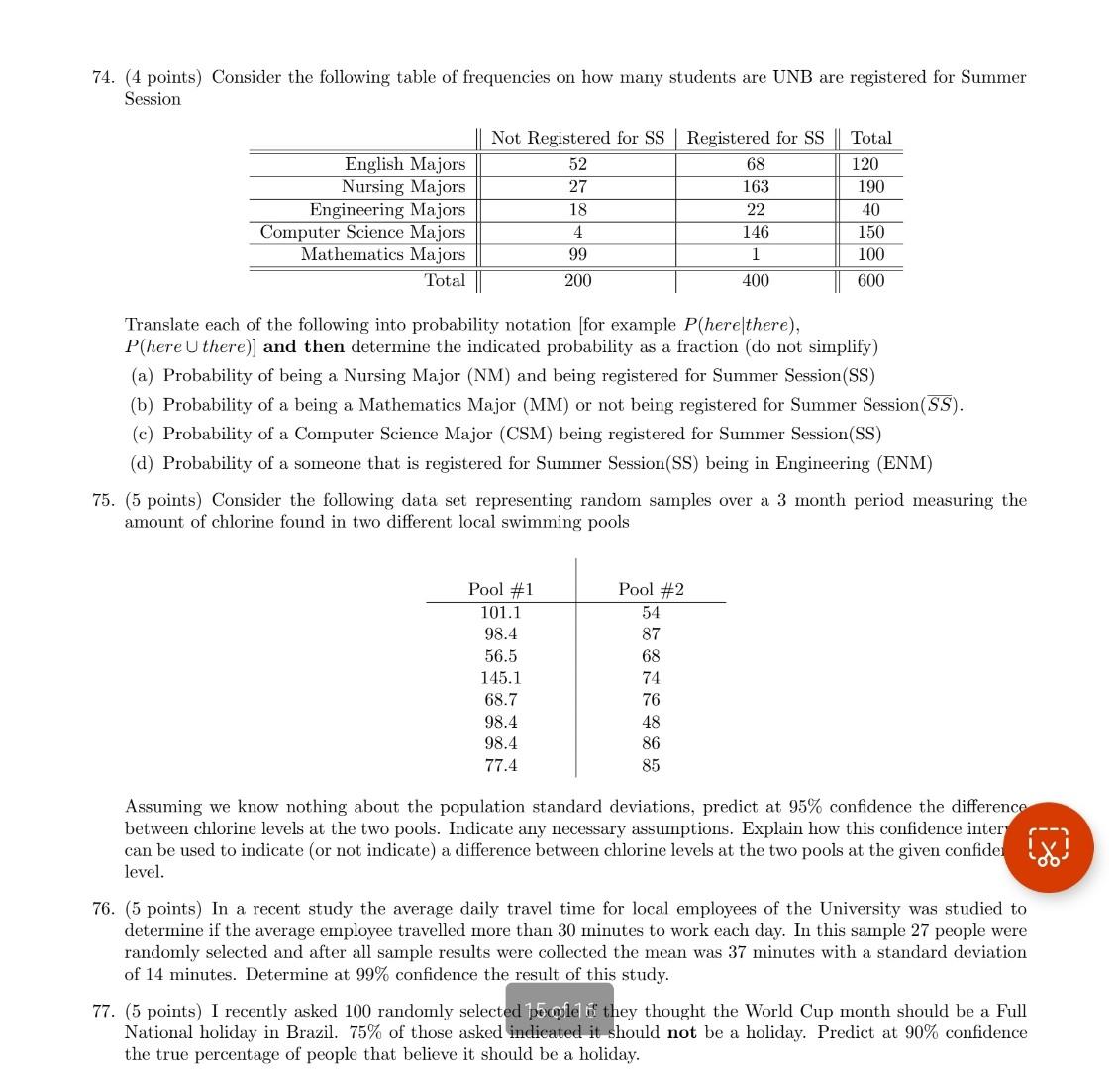 Solved 74. (4 points) Consider the following table of | Chegg.com