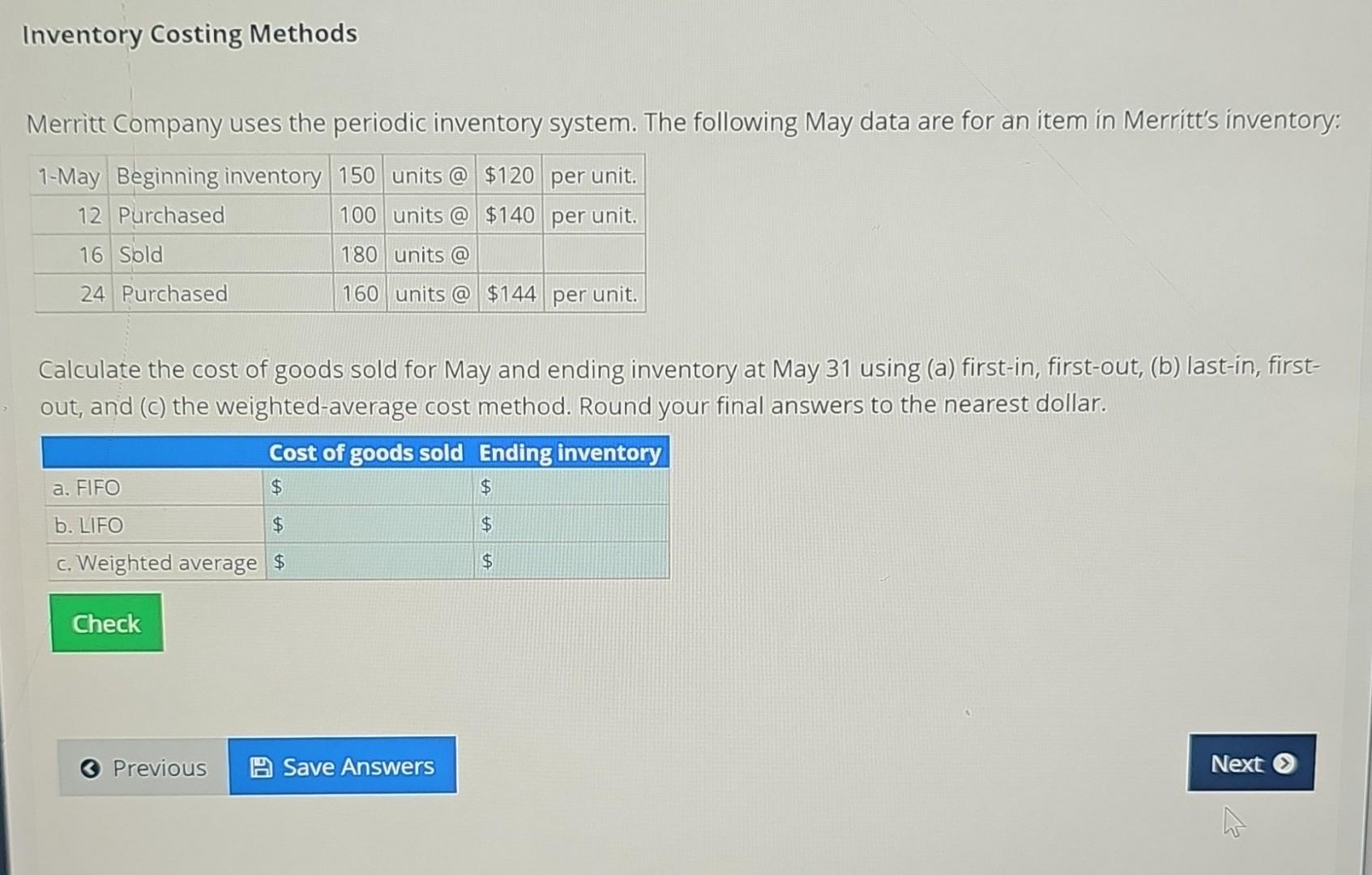 Solved Inventory Costing Methods Merritt Company uses the | Chegg.com