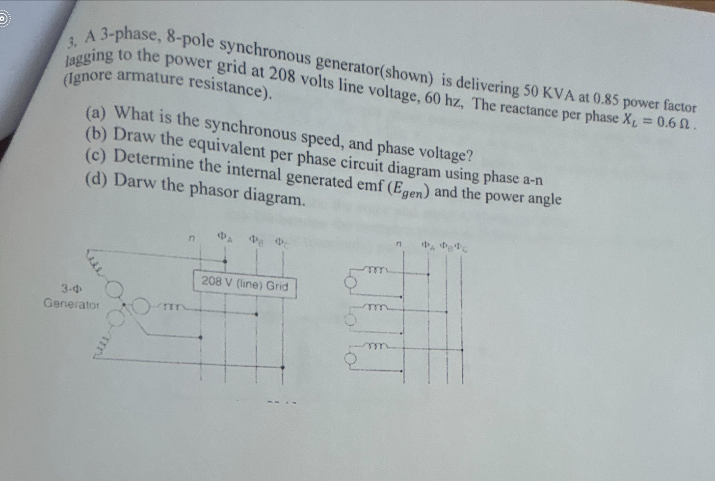 Solved A 3-phase, 8-pole synchronous generator(shown) ﻿is | Chegg.com