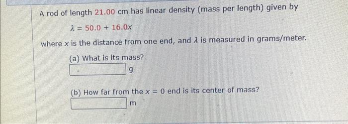 Solved A rod of length 21.00 cm has linear density (mass per | Chegg.com