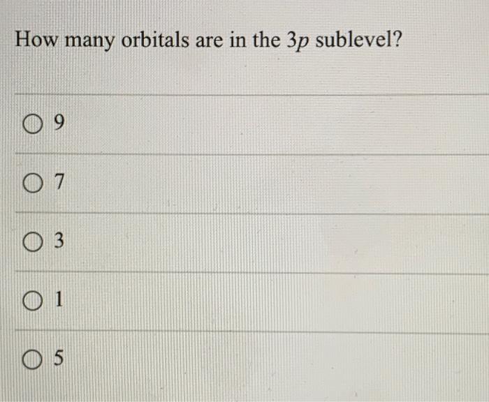 Solved How many orbitals are in the 3p sublevel? 9 07 3 1 O | Chegg.com