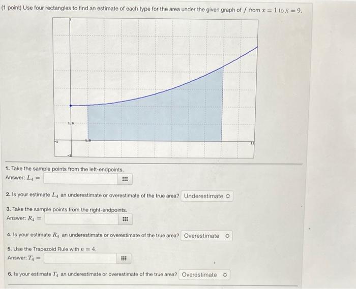Solved (1 point) Use four rectangles to find an estimate of | Chegg.com
