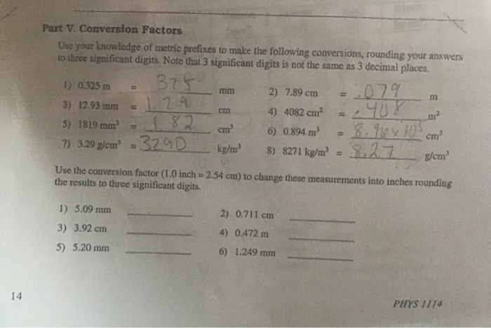 Solved Part V. Conversion Factors Use your knowledge of | Chegg.com