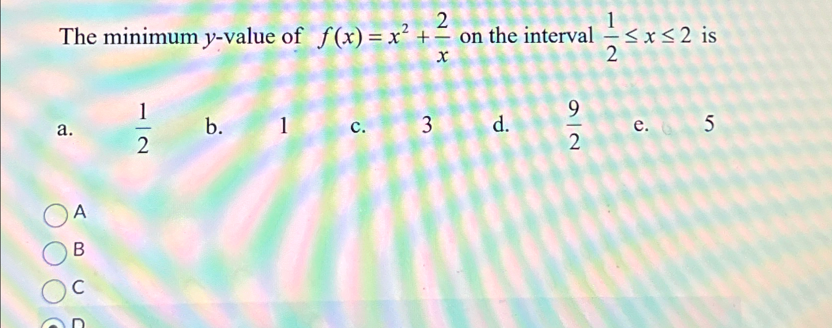 Solved The minimum y-value of f(x)=x2+2x ﻿on the interval | Chegg.com