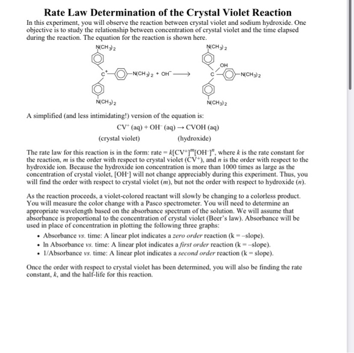 Rate Law Determination of the Crystal Violet Reaction | Chegg.com