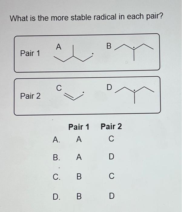 Solved What is the more stable radical in each pair? Pair 1 | Chegg.com