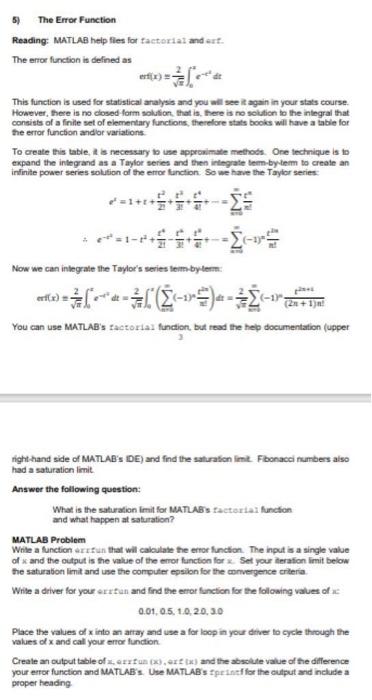Solved 5) The Error Function Reading: MATLAB help fles for | Chegg.com
