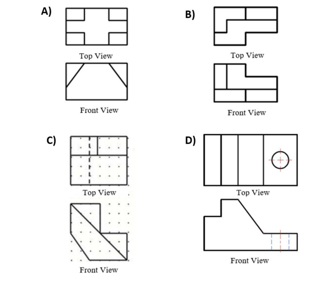 Solved A)Top ViewFront ViewC)Top ViewFront ViewB)Top | Chegg.com