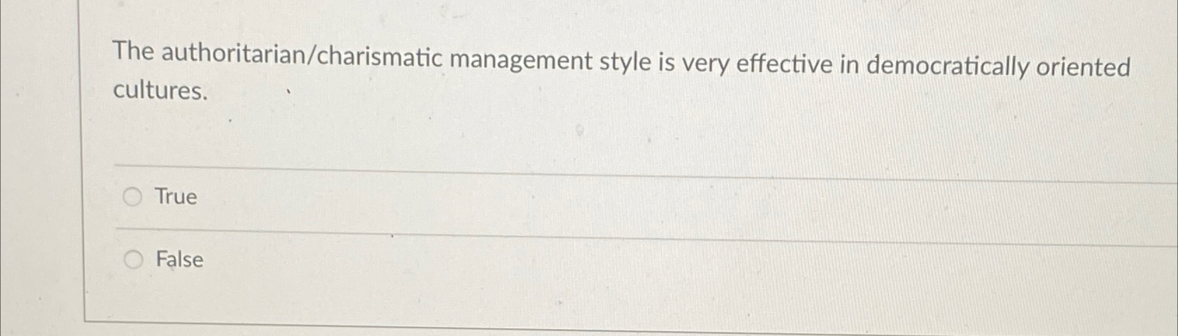 Solved The authoritarian/charismatic management style is | Chegg.com