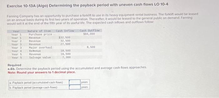 Solved Exercise 10-13A (Algo) Determining the payback period | Chegg.com