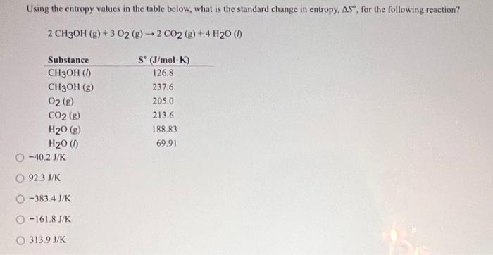 Solved Using the entropy values in the table below, what is | Chegg.com