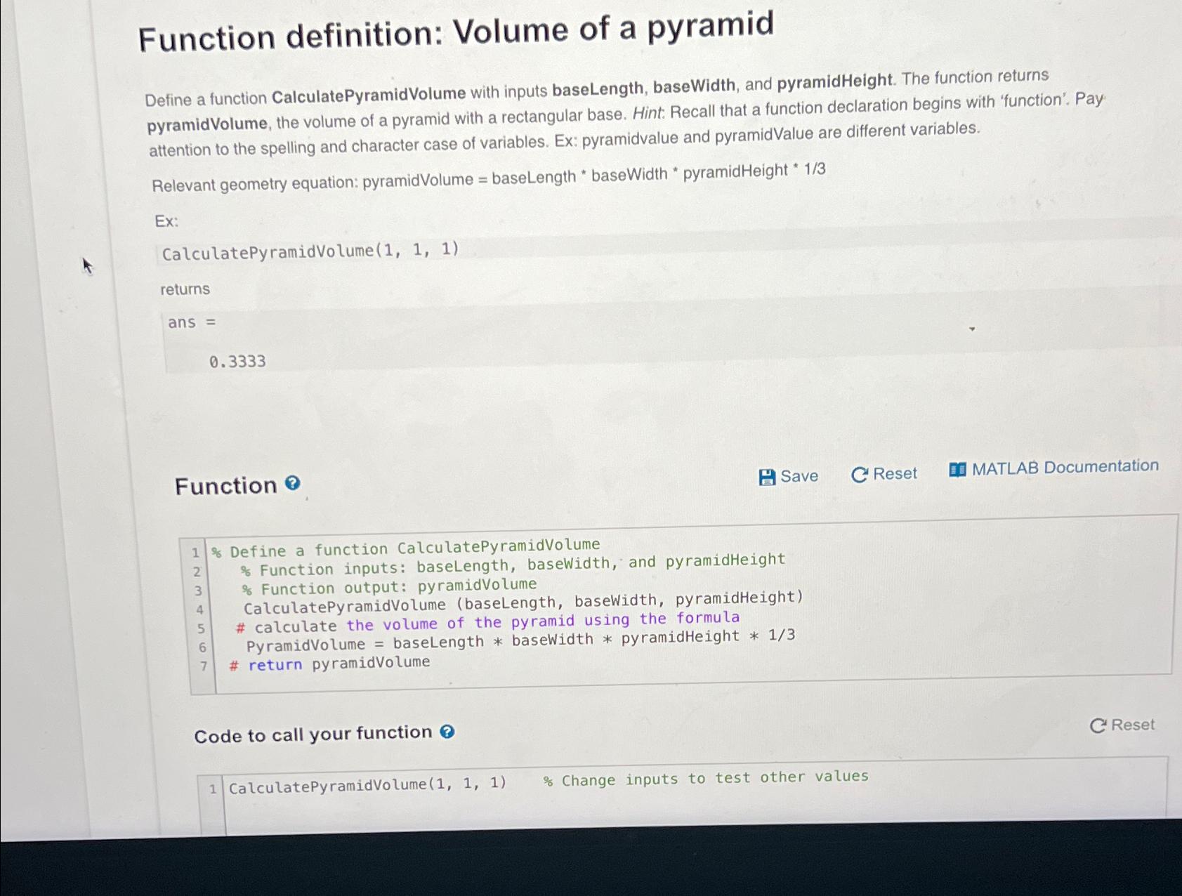 Solved Function definition: Volume of a pyramidDefine a | Chegg.com