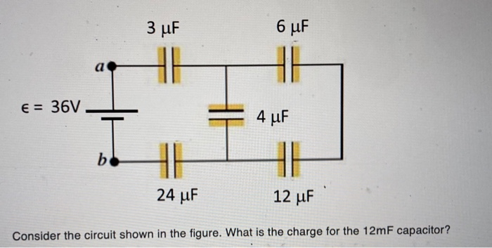Solved 3 uF 6 uf a € = 36V 4 uf b HH 24 ur 12 ur Consider | Chegg.com