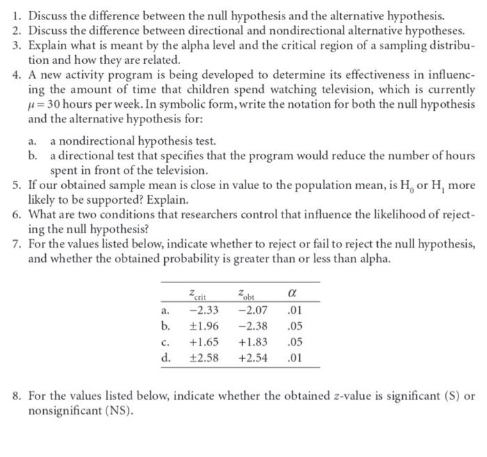 Solved 1. Discuss the difference between the null hypothesis | Chegg.com